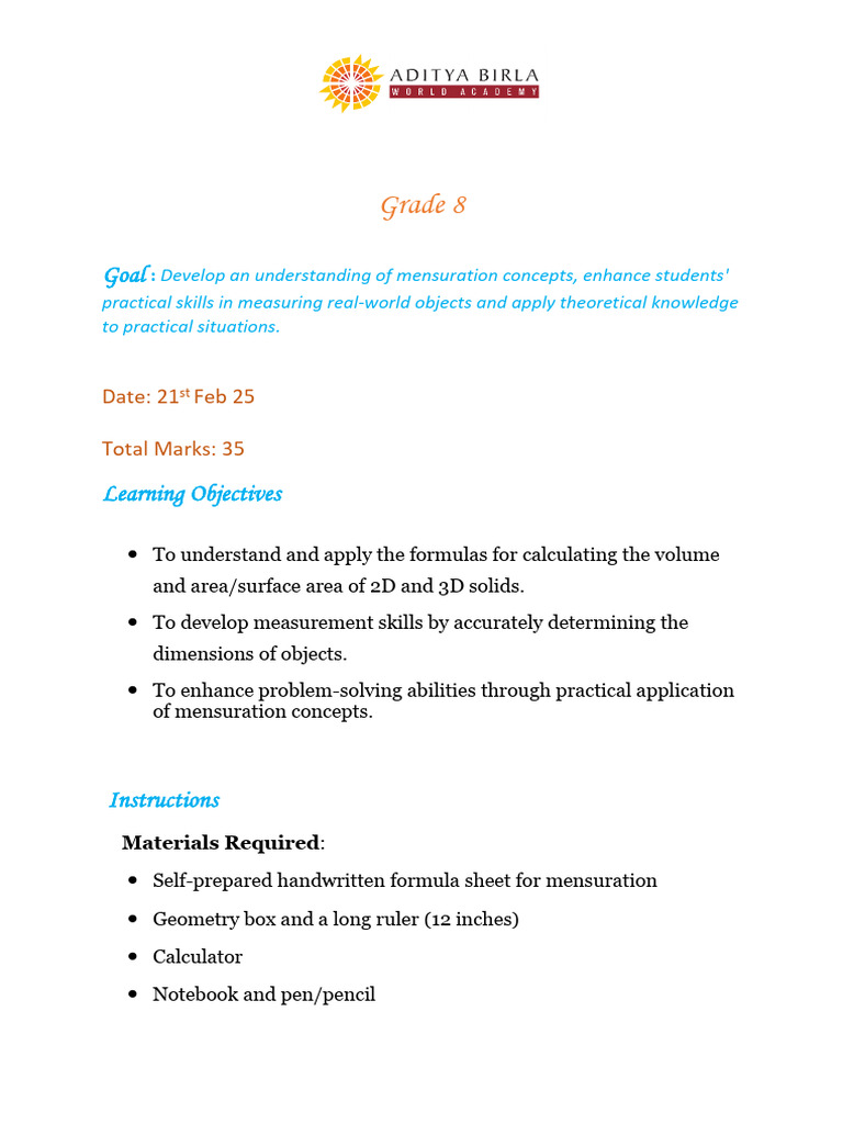 ATA Mensuration Guidelines for Grade 8 | PDF