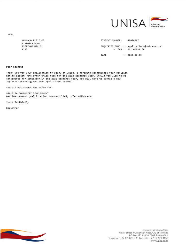 Unisa Application Decline Notification | PDF