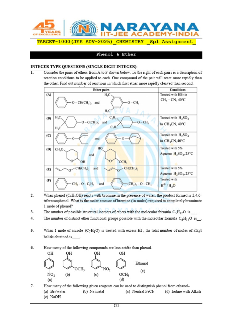JEE Adv 2025 Chemistry: Phenol & Ether | PDF
