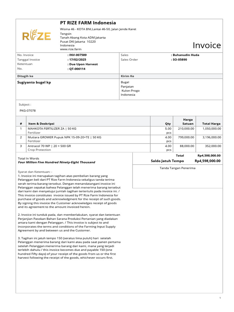 Invoice Pembelian Rize Farm Indonesia | PDF