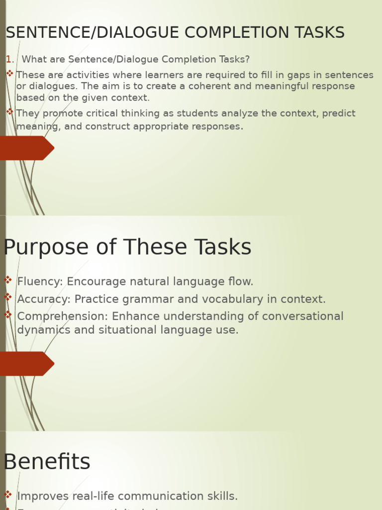 Sentence or Dialogue Completion Tasks | PDF | Linguistics | Procedural ...