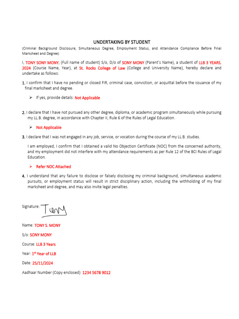Sample of Undertaking - by - Student | PDF