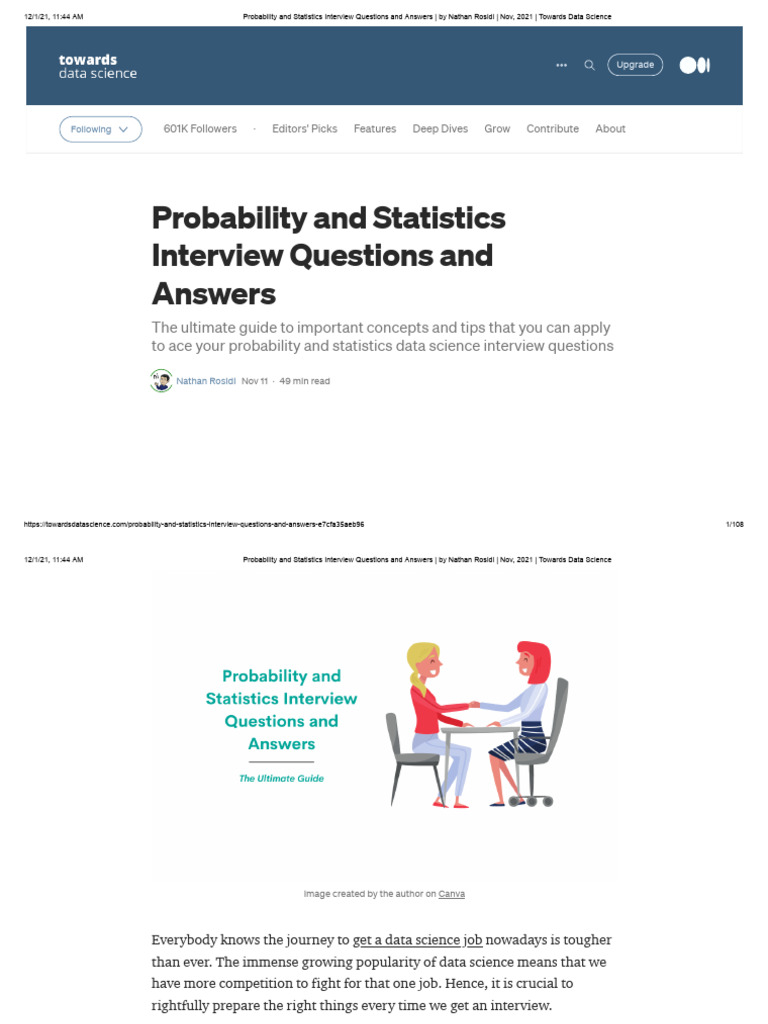 Probability and Statistics Interview Questions and Answers - by Nathan Rosidi - Nov, 2021 ...