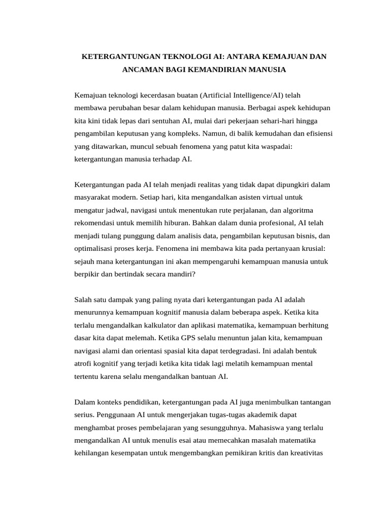 Essay Ketergantungan Teknologi Ai | PDF