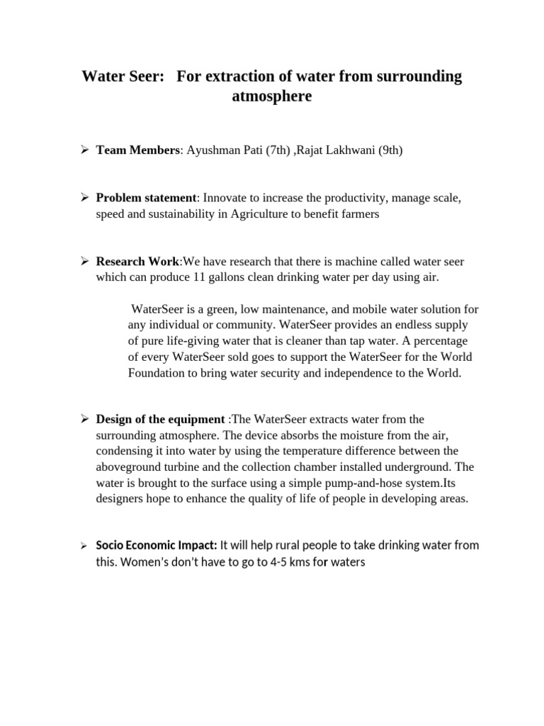 WaterSeer: Sustainable Water Solution | PDF