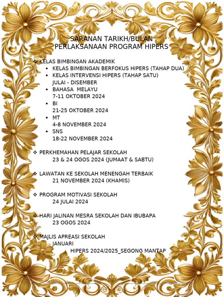 Saranan Tarikh Perlaksanaan Program Hipers 2024 - 2025 | PDF
