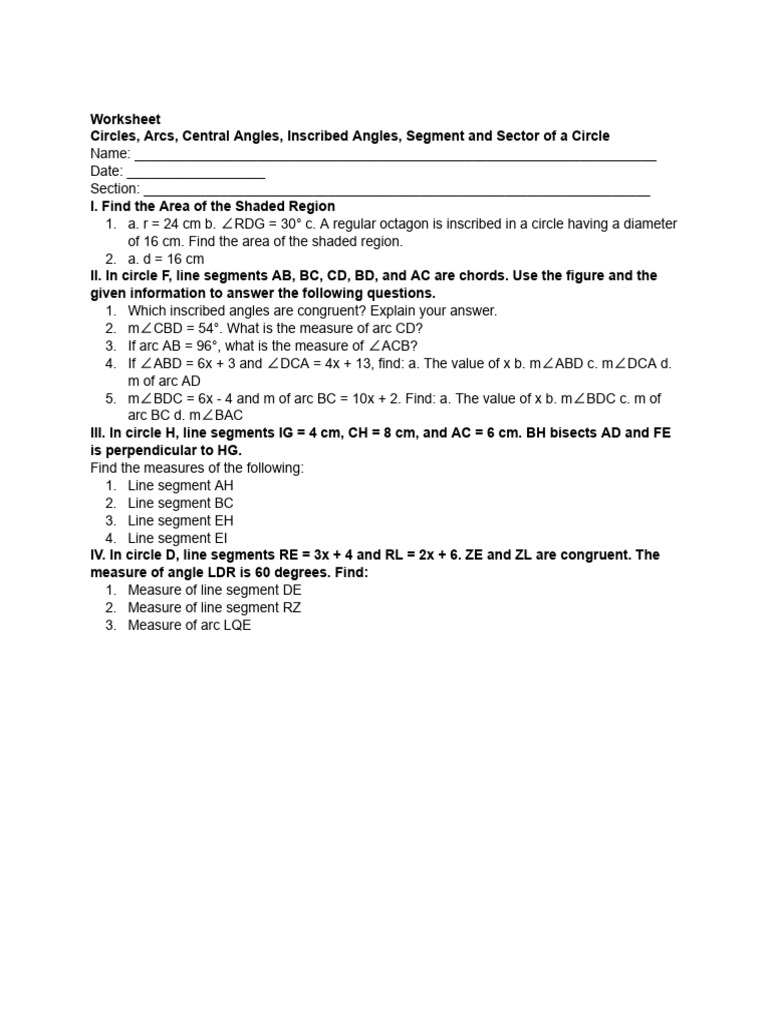 Worksheet Circles, Arcs, Central Angles, Inscribed Angles, Segment and ...