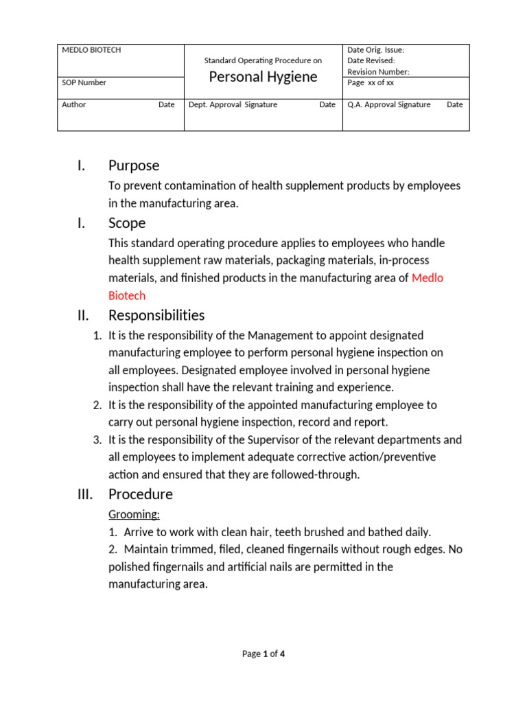 Chapter 4 Annex 1 - SOP On Personal Hygiene | PDF | Hygiene | Nail ...