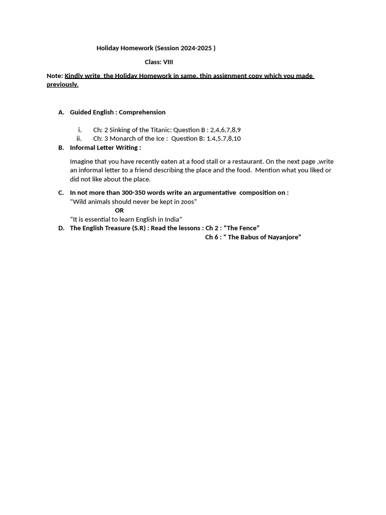 VIII English Holiday Homework 2024-25 | PDF