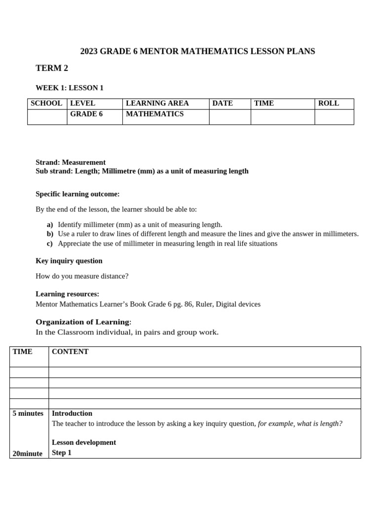 Grade 6 Mentor Mathematics Lesson Plans Week 1 Week 3 Term 2 | PDF ...
