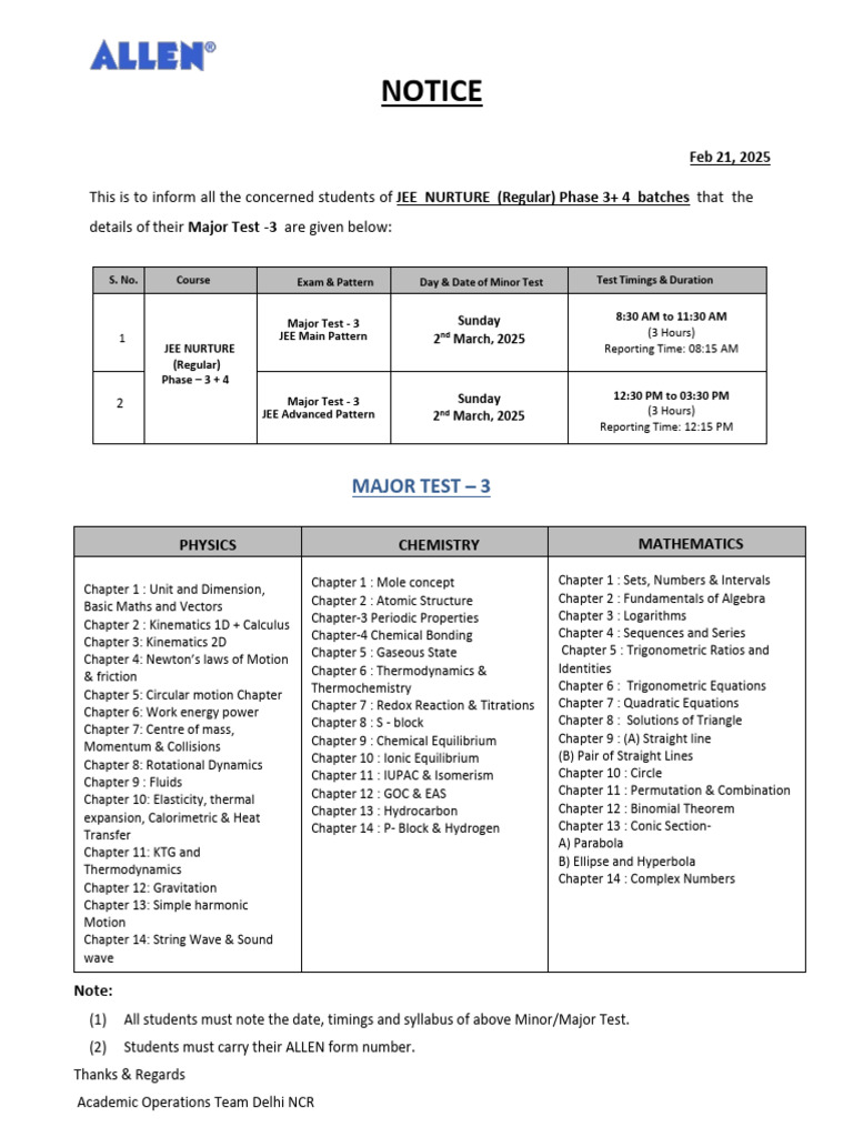 Jee Nurture (Reg) Phase-3+4 Major - 3 (02-Mar-25) | PDF | Chemistry ...