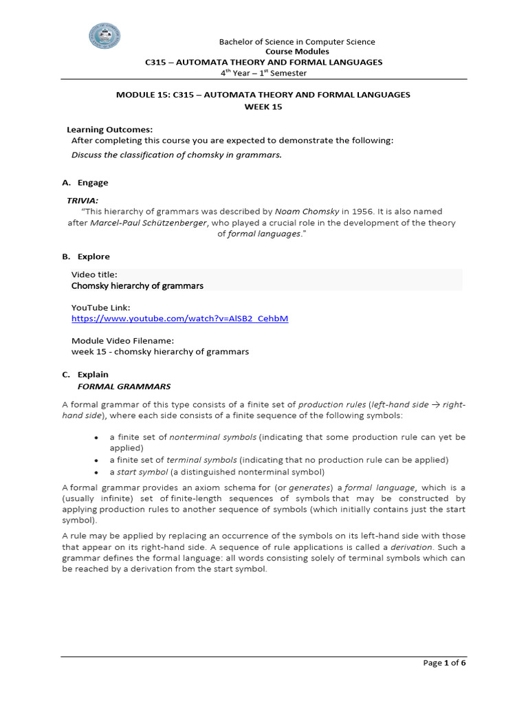 WEEK 15 Curriculum Module For C315 AUTOMATA THEORY AND FORMAL LANGUAGES | PDF | Automata Theory ...