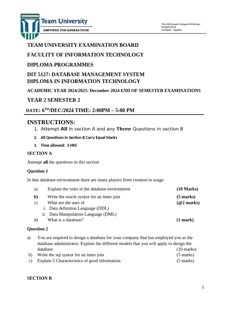 Database Management Exam December 2024 | PDF | Relational Model ...