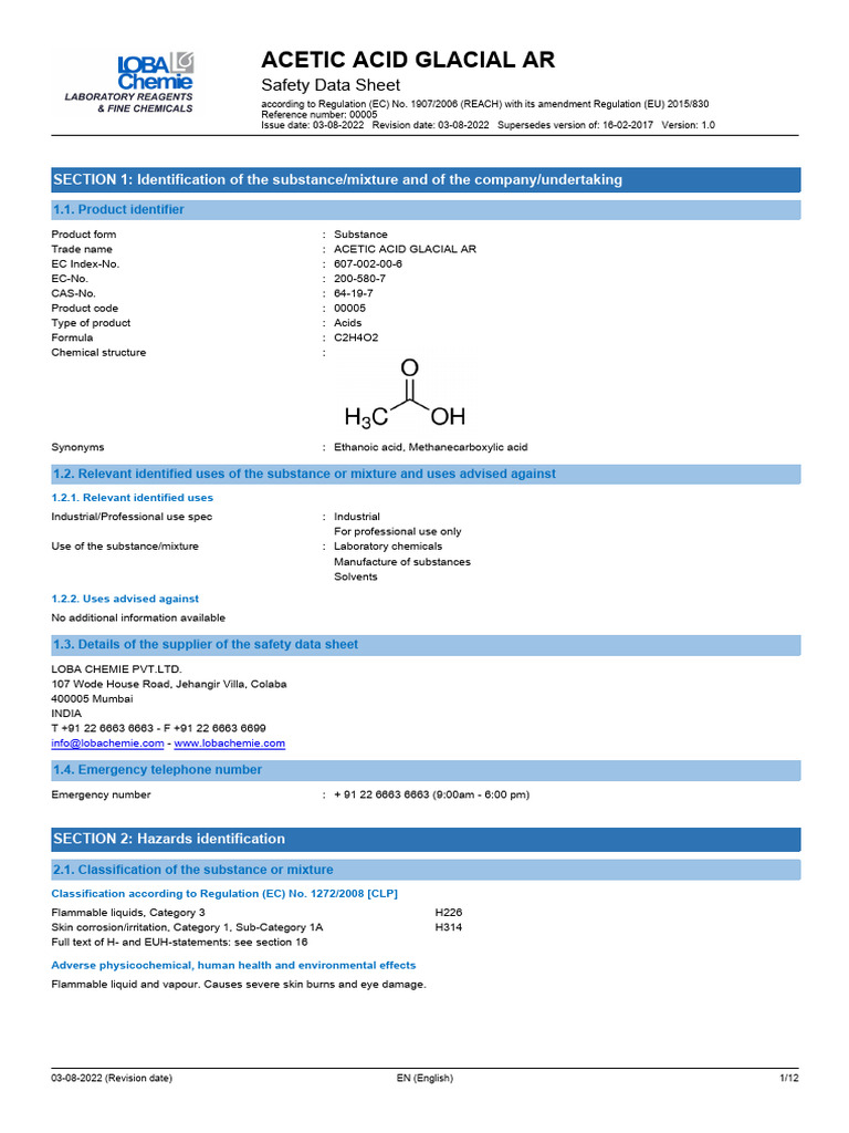 MSDS Acetic Acid Glacial Casno 64 19 00005 en | PDF | Dangerous Goods ...