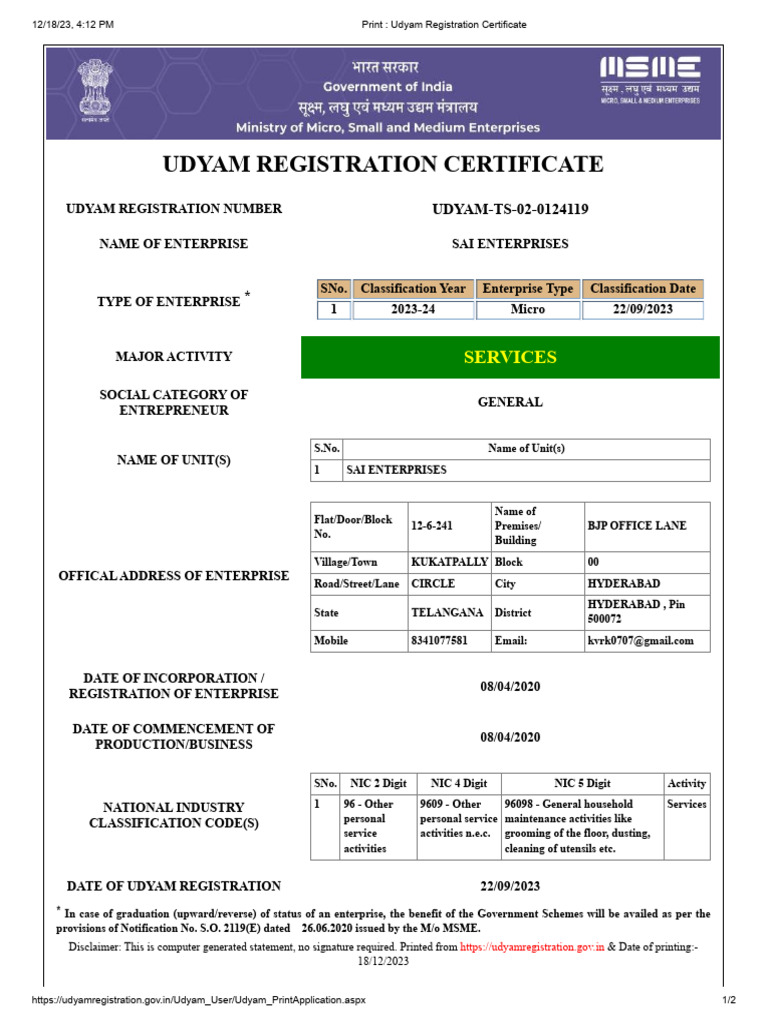 Sai Enterprises Print - Udyam Registration Certificate | PDF