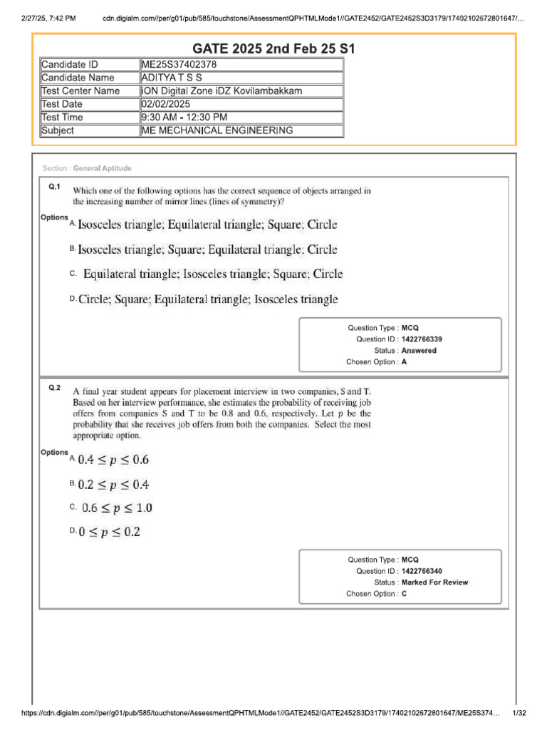 Gate Response Sheet 2025 | PDF