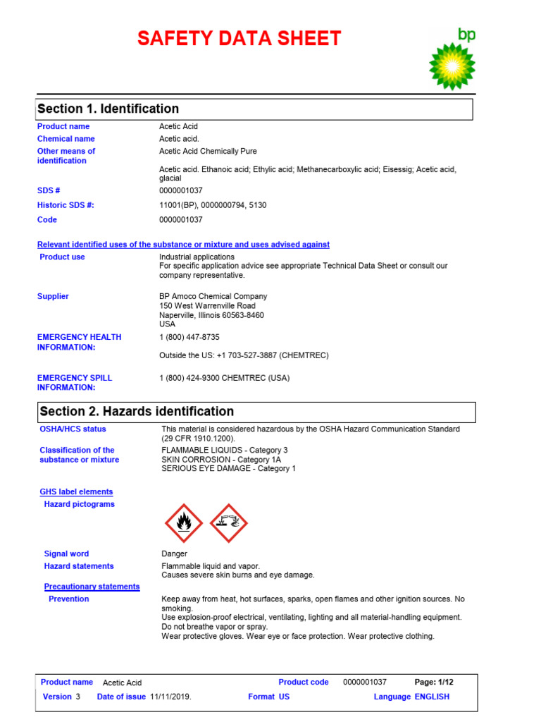 Safety Data Sheet Acetic Acid | PDF | Personal Protective Equipment | Waste