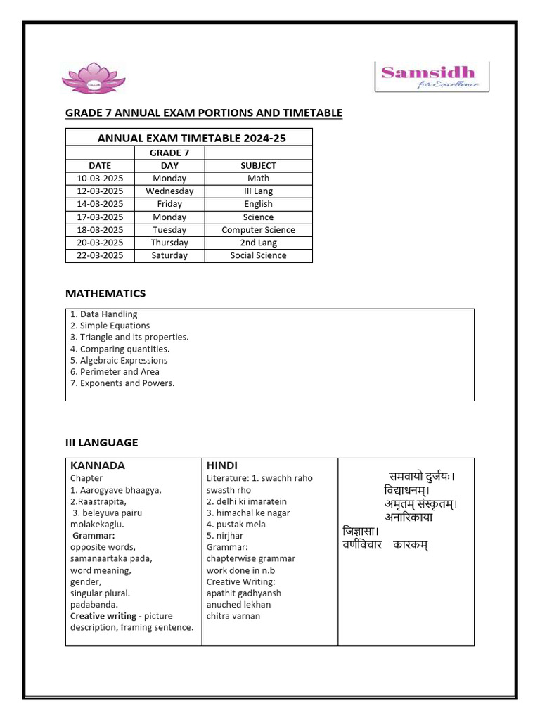 Gr-7-Annual Exam Portions & Timetable 2025 | PDF | English Language | Sanskrit