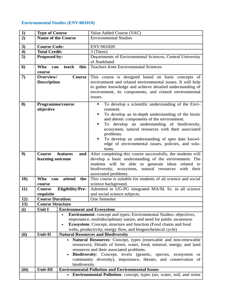EVS Syllabus | PDF | Natural Environment | Ecosystem