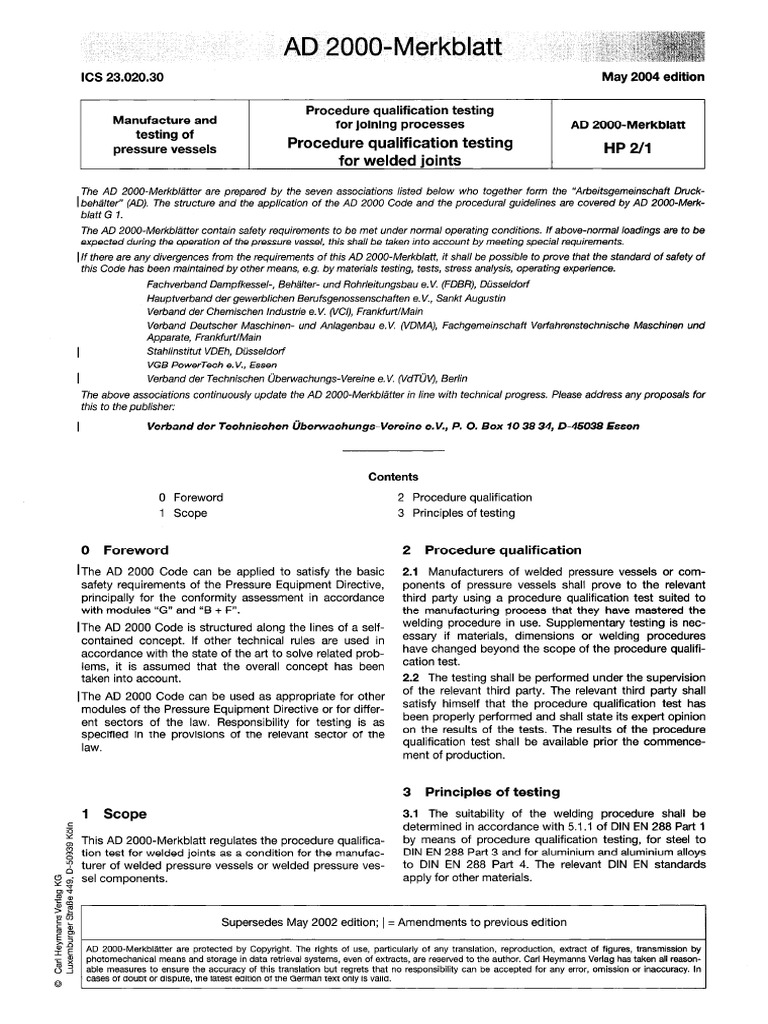AD 2000-Merkblatt HP 2-1 Englisch Vom 05-2004 | PDF