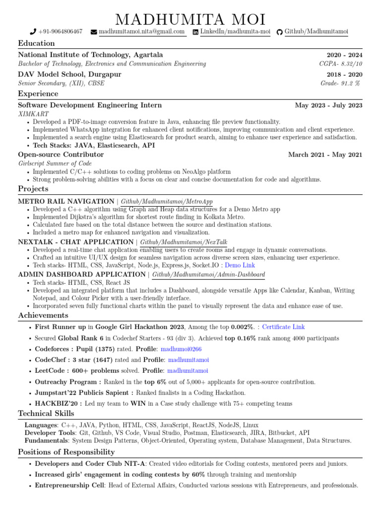 Madhumita Moi Resume Nita | PDF | Computer Science | Information Technology