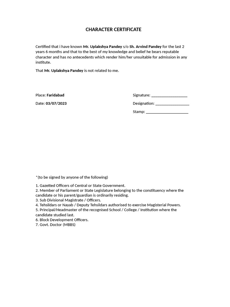 NEET Character Certificate Format | PDF