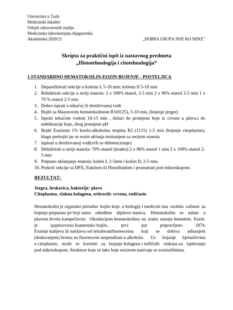 Skripta Za Prakticni Ispit Iz Histotehnologije I Citotehnologije 2 | PDF