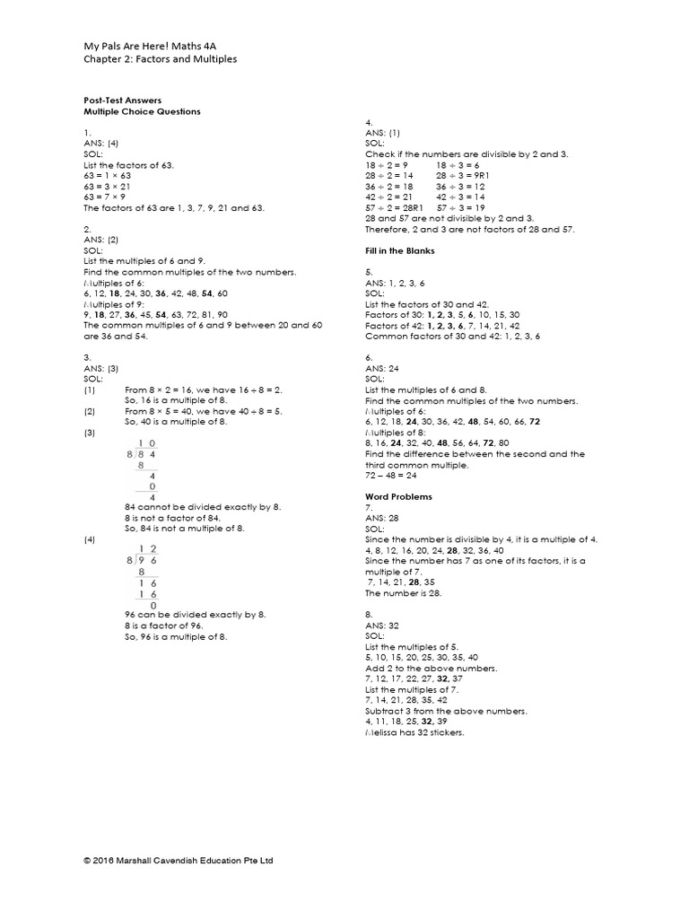 Factors and Multiples Post-Test Answers | PDF | Mathematics | Arithmetic