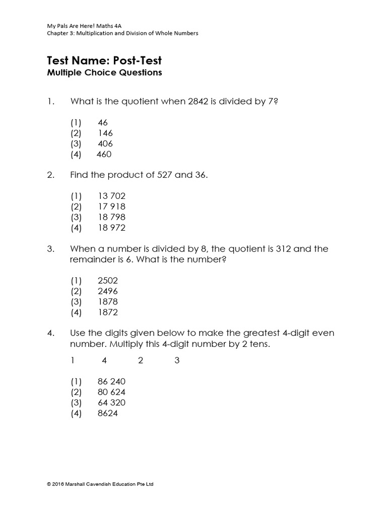 Maths 4A: Multiplication & Division Test | PDF