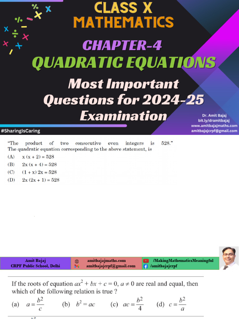 Class X QUADRATIC EQUATIONS Important Questions For 2024-25 Examination ...