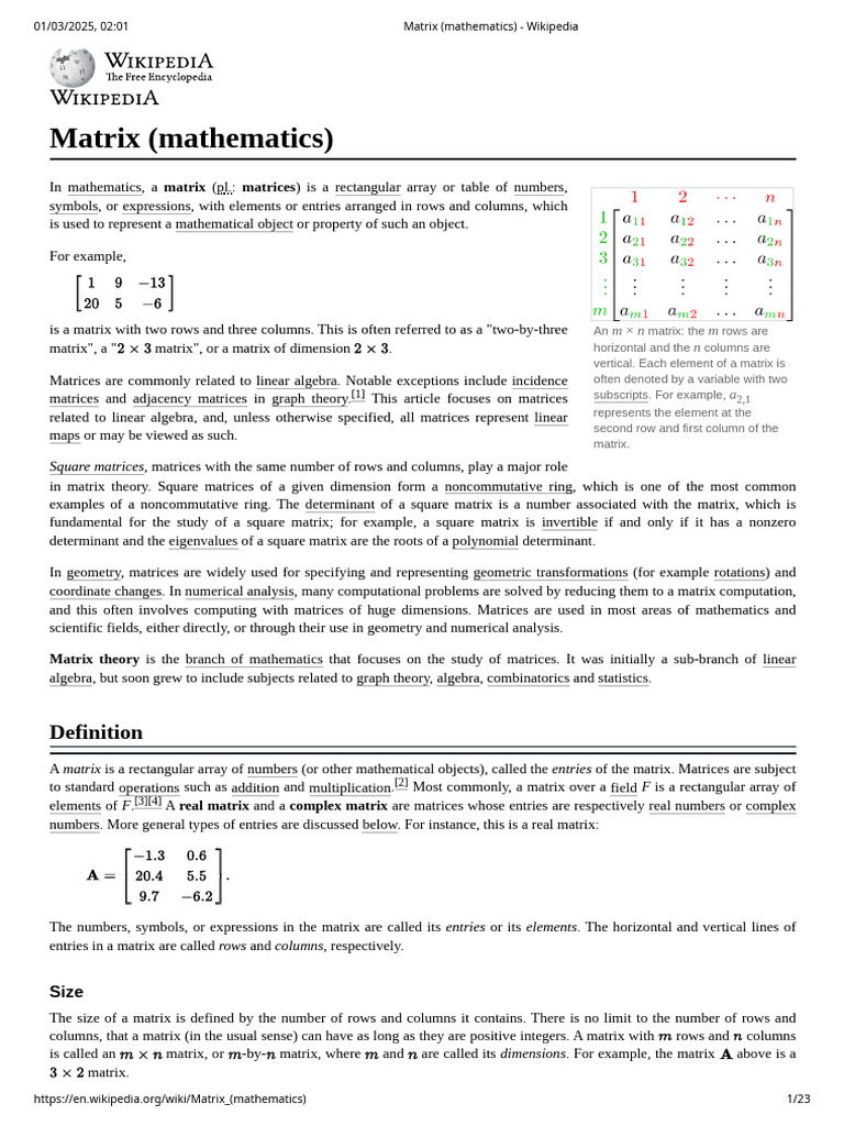 Matrix (mathematics) - Wikipedia | PDF | Matrix (Mathematics) | Determinant