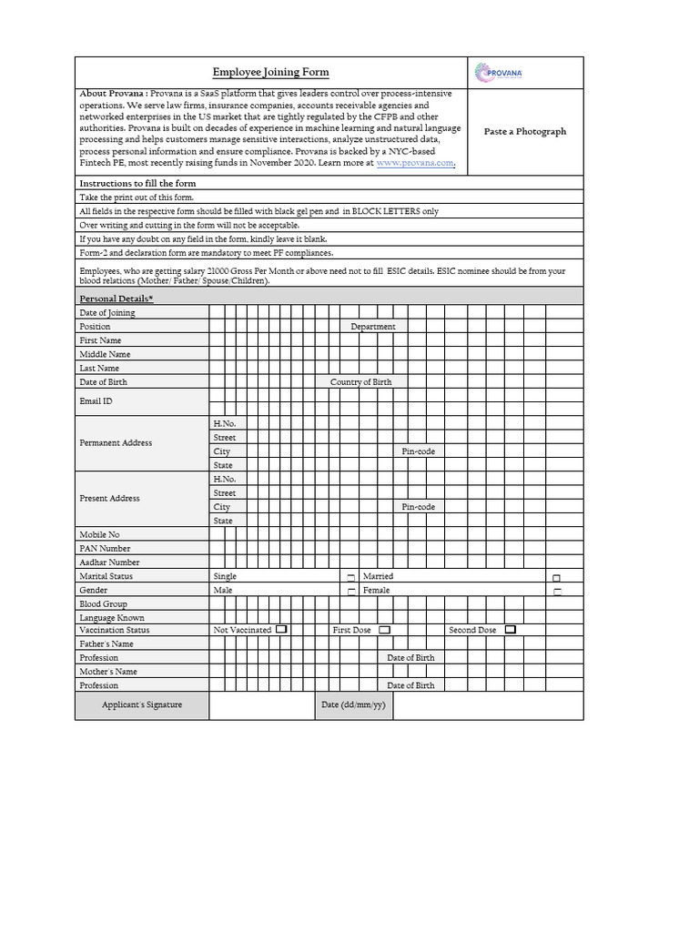 Employee Joining Form 1 | PDF