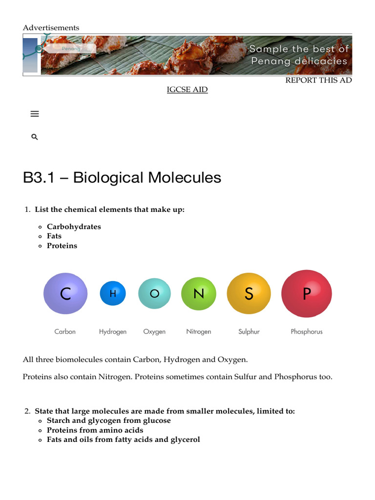 B3.1 - Biological Molecules - IGCSE AID | PDF | Biomolecules | Lipid