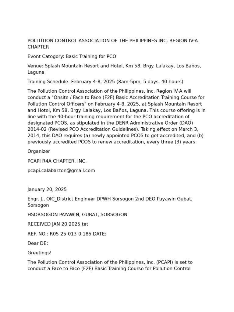PCO Basic Training Course Announcement | PDF