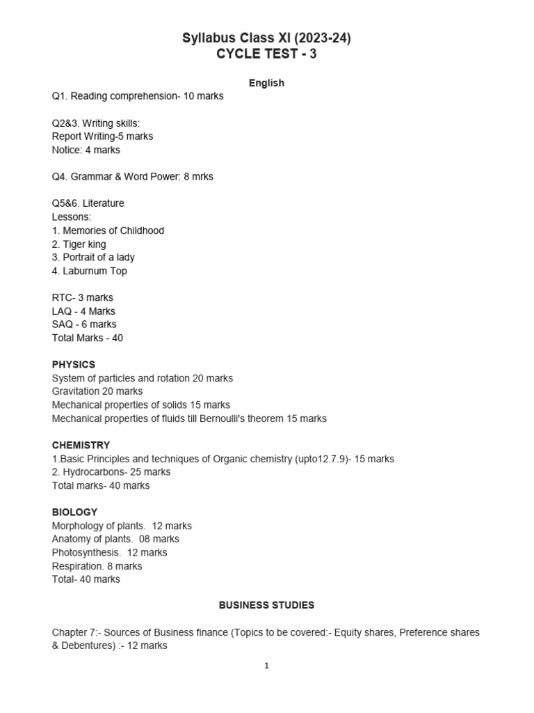 Syllabus Class XI CT3 20240102103540719 | PDF | Physics | Physical Sciences