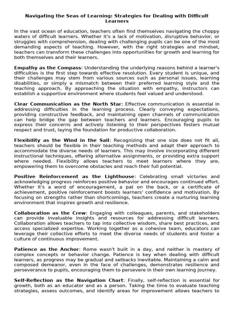 dealing-with-difficult-learners | PDF | Learning | Psychological Resilience
