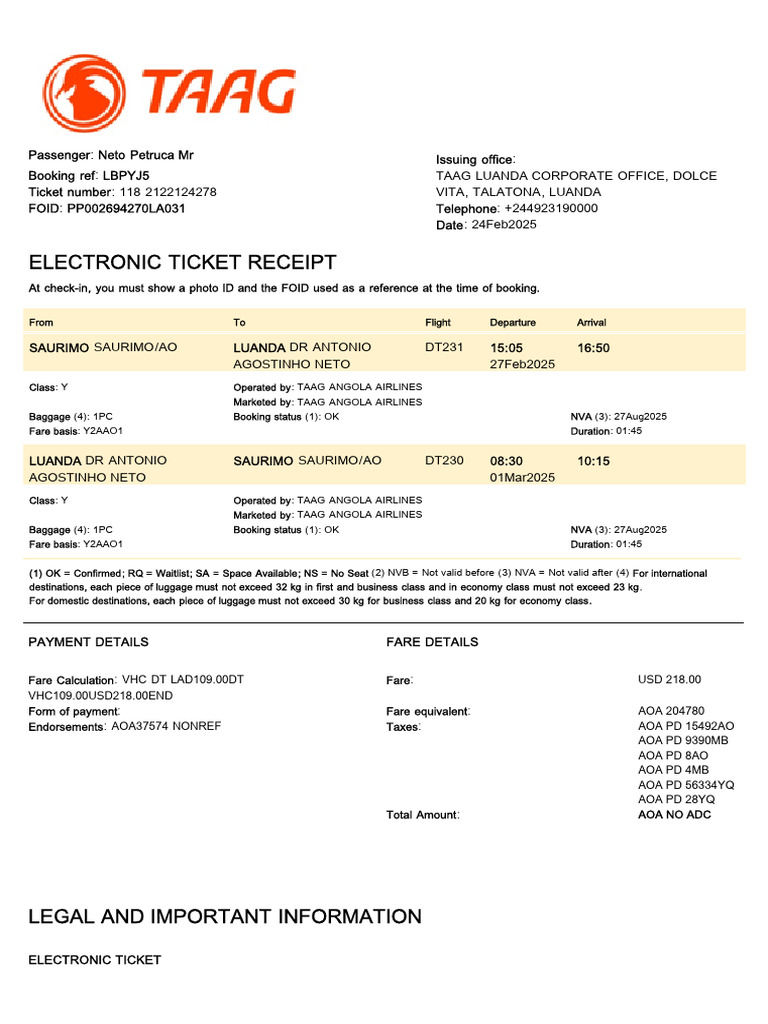 TAAG Angola Airlines Ticket Receipt | PDF | Airlines | Aviation