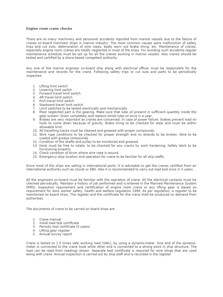 Engine Room Crane Maintenance Guide | PDF