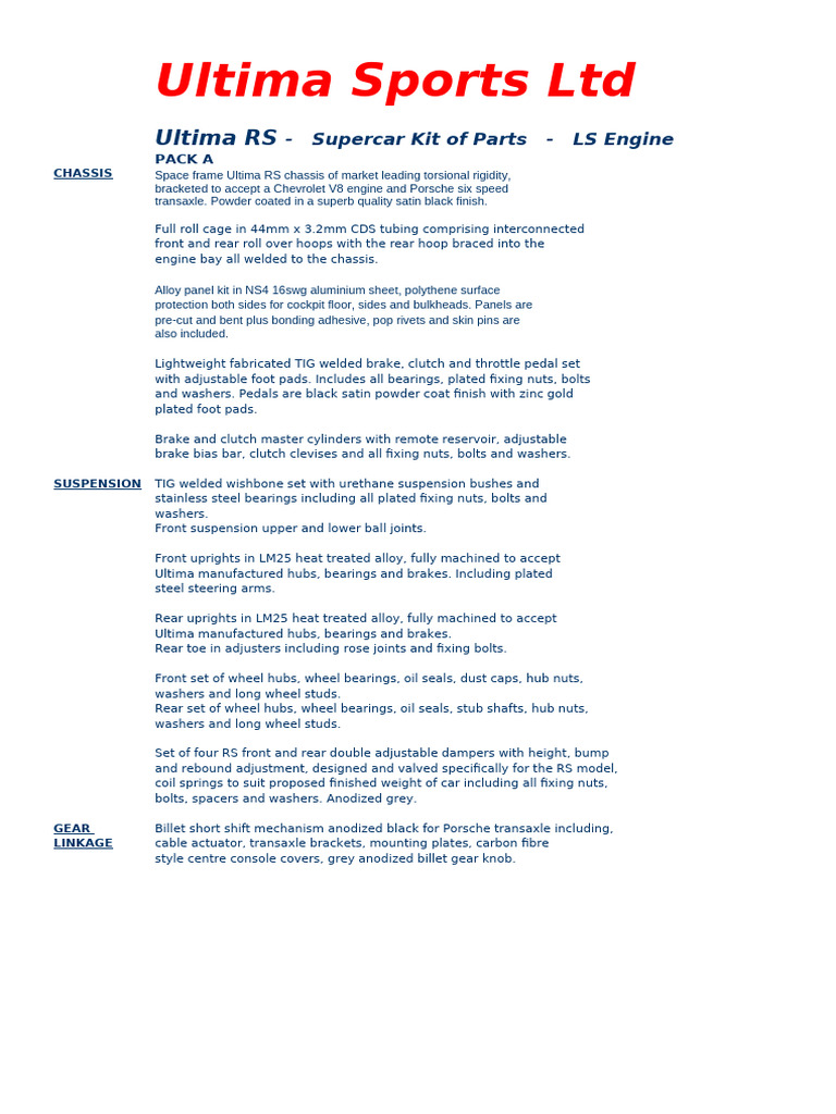 Ultima RS Supercar Kit Specifications | PDF | Electrical Connector ...