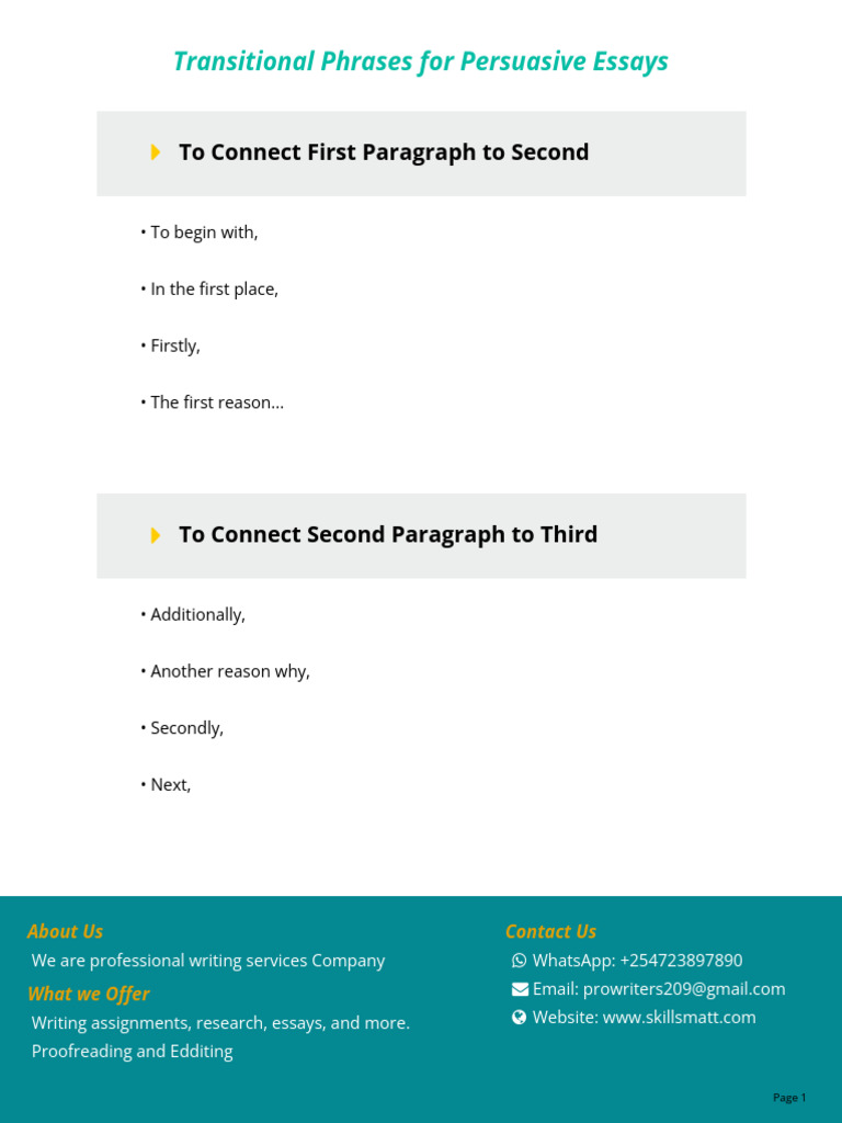 Transitional Phrases for Persuasive Essays | PDF