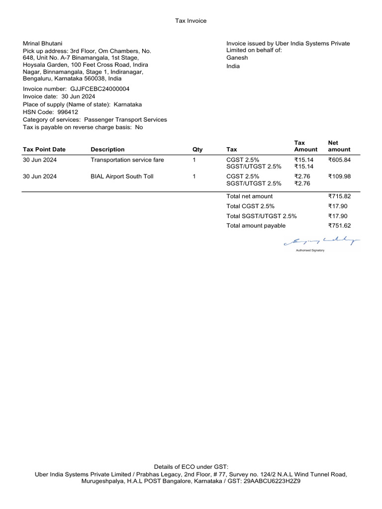 Uber India Tax Invoice for Transport Services | PDF