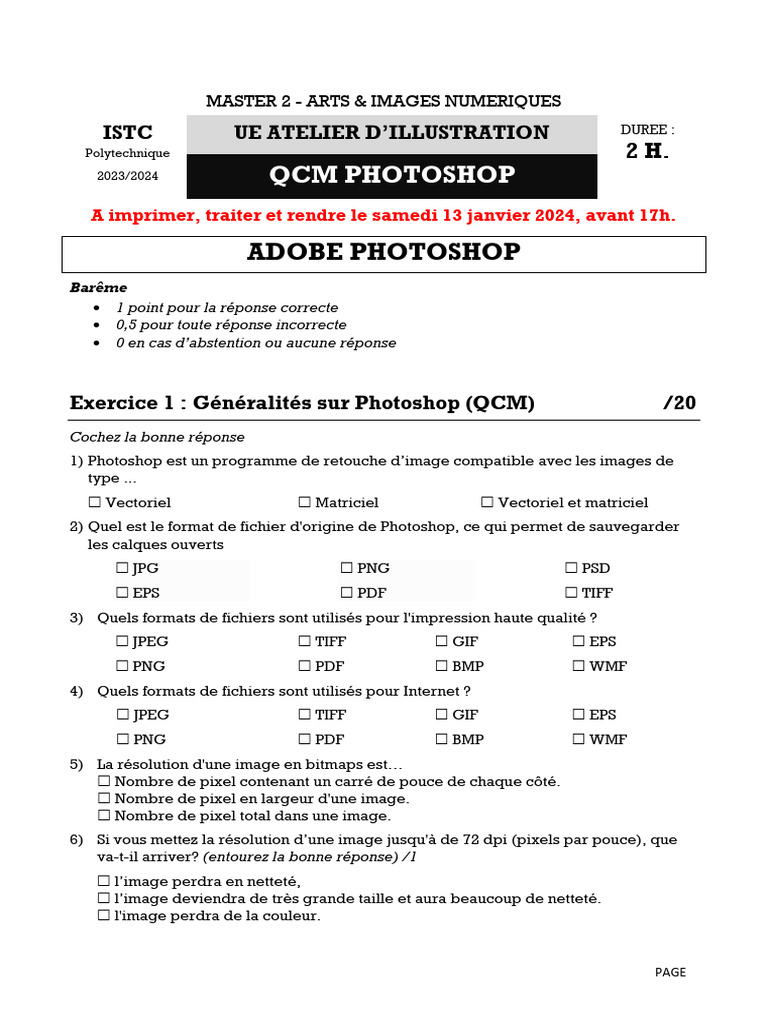 QCM Photoshop - Évaluation 2023/2024 | PDF | Image numérique | Infographie