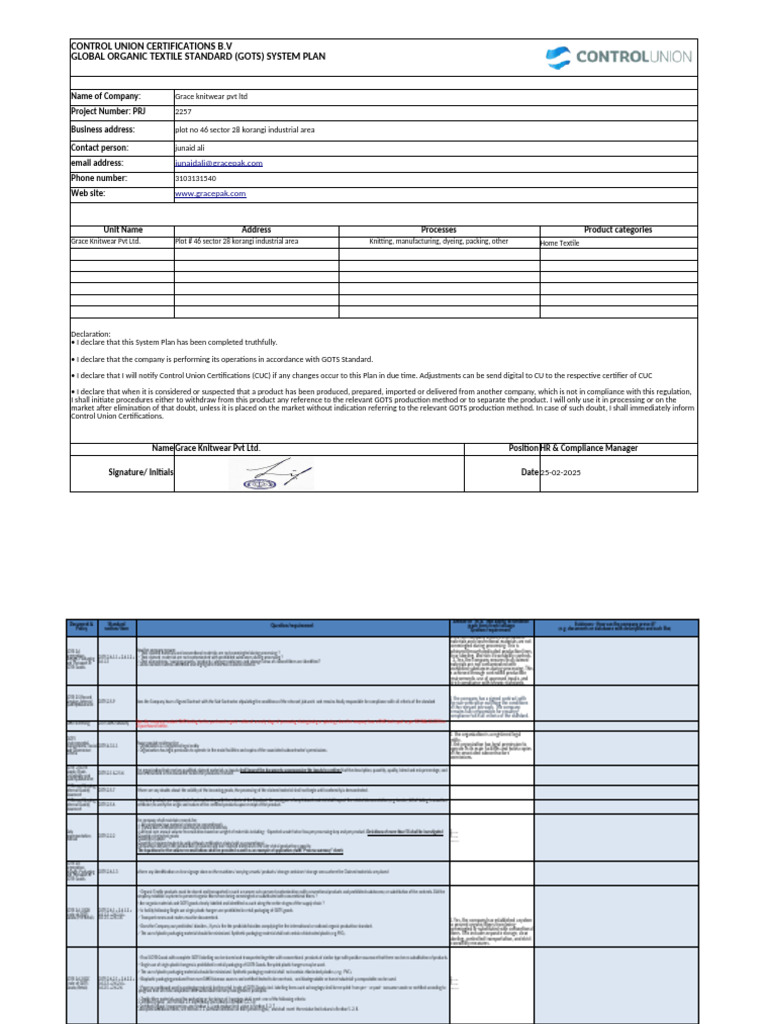 Annex 3 GOTS System Plan - Initial Self - Assessment | PDF | Employment | Wage