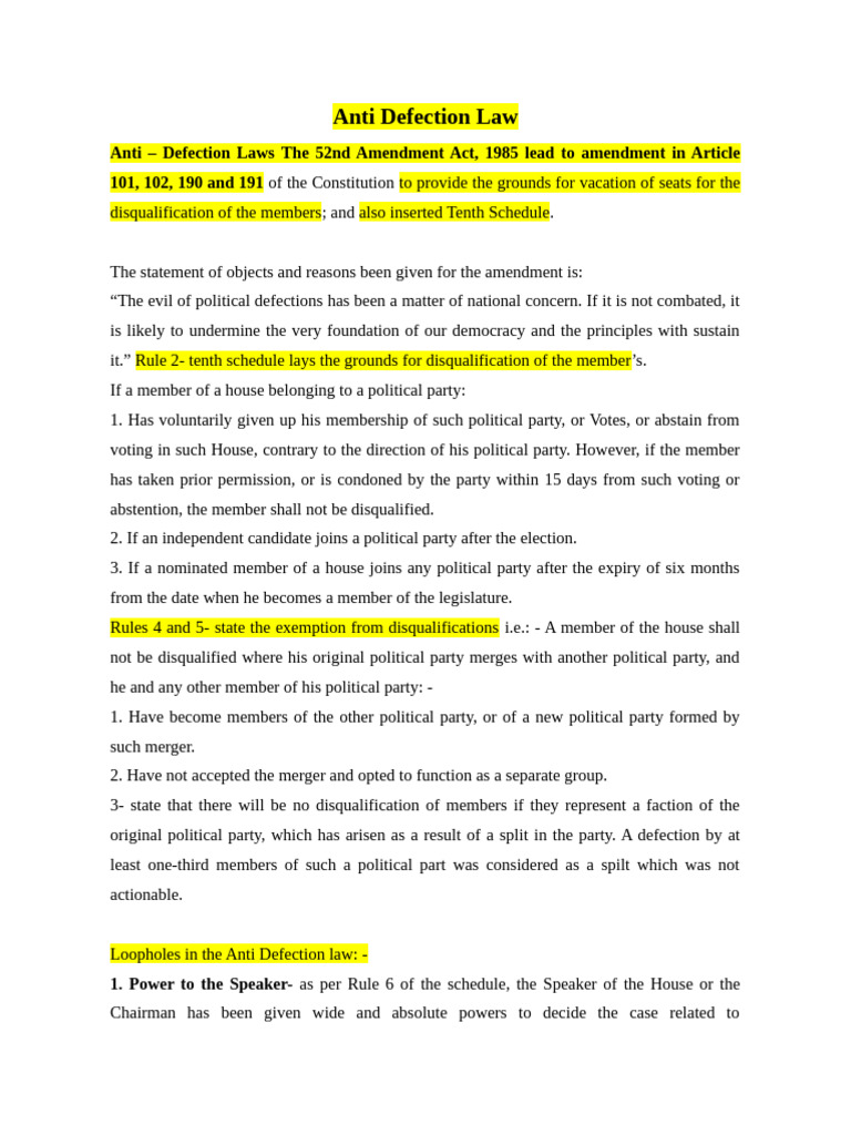 Anti Defection Law and 10 Schedule | PDF | Political Charters | Government