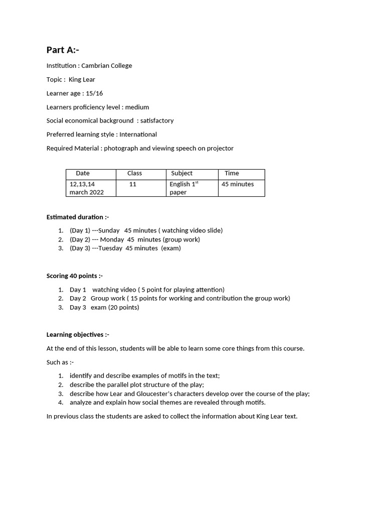 King Lear Lesson Plan for Teens | PDF | King Lear | Language Education