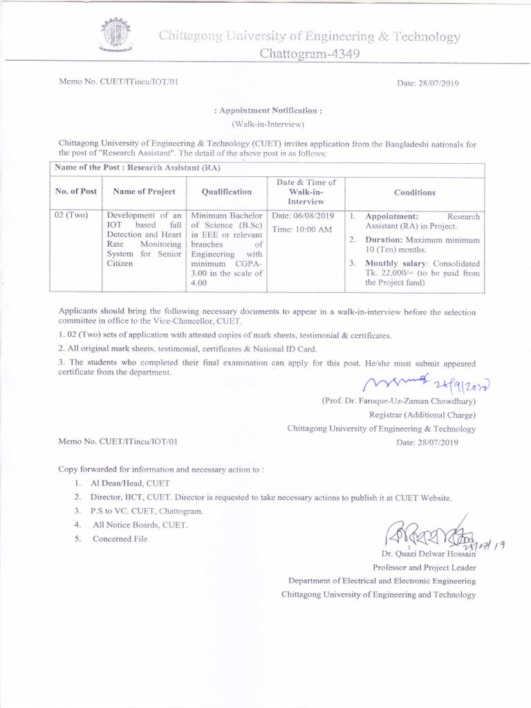 CUET Research Assistant Job Circular 2023 | PDF