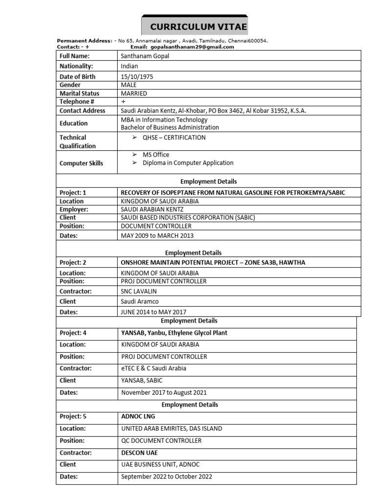 CV-Santhanam Gopal PROJ. DCC | PDF | Audit