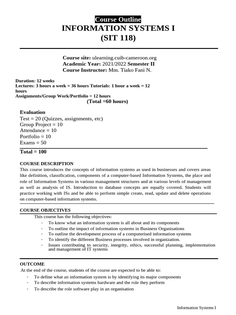 SIT 118 Information Systems 1 2022 Course Outline | PDF | Computer Network | Information Security
