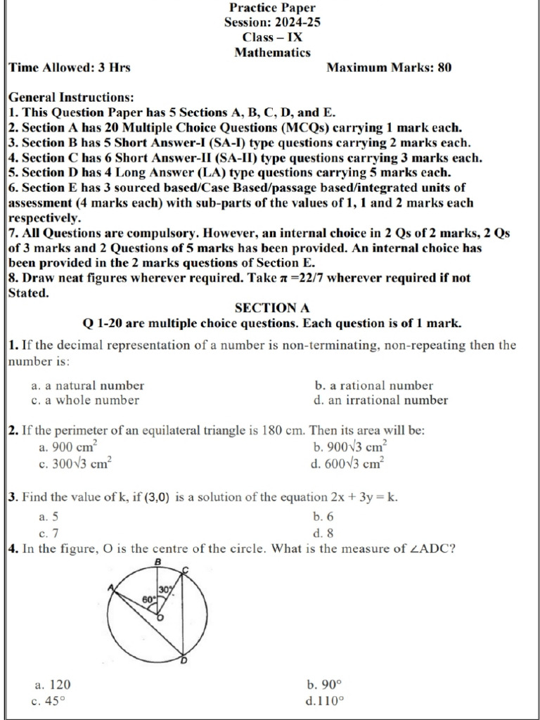 Class IX Maths Practice Paper | PDF