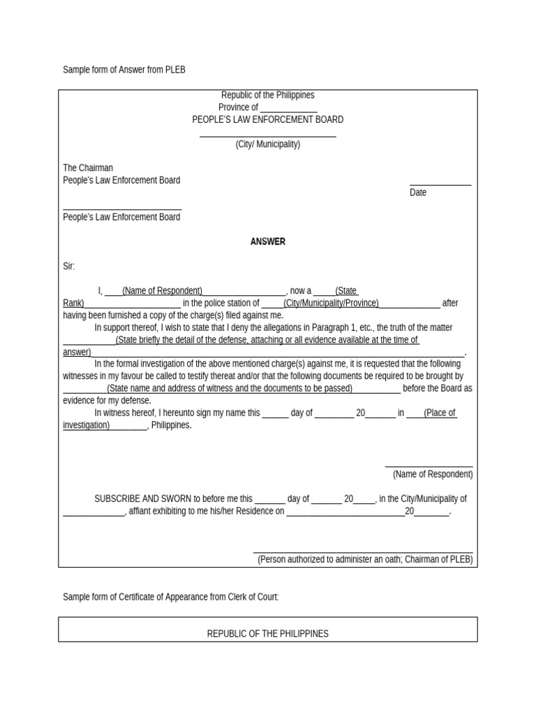Sample Form of Answer From PLEB | PDF | Witness | Affidavit